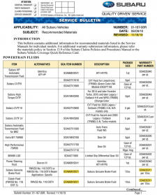 Subaru Bulletin: Recommended Materials